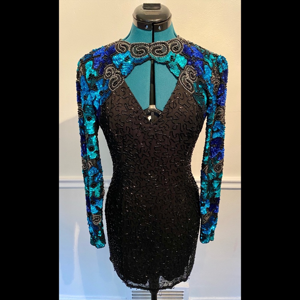 Vintage Silk Fully Beaded Keyhole Open Back Dress - Gem